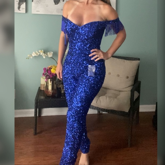 Boutique | Pants & Jumpsuits | Sparkly Blue Jumpsuit Alternative Prom ...